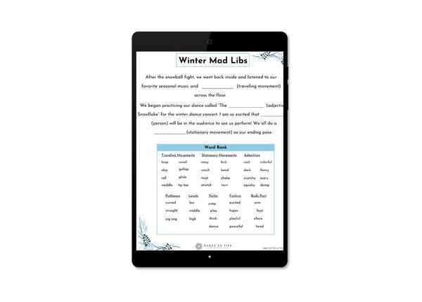 Winter Mad Libs Ages 5-10 - Dance Ed Tips