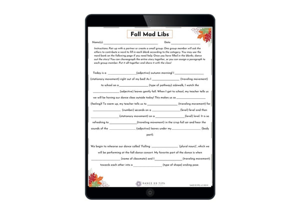 Fall Mad Libs for Ages 5-10 - Dance Ed Tips
